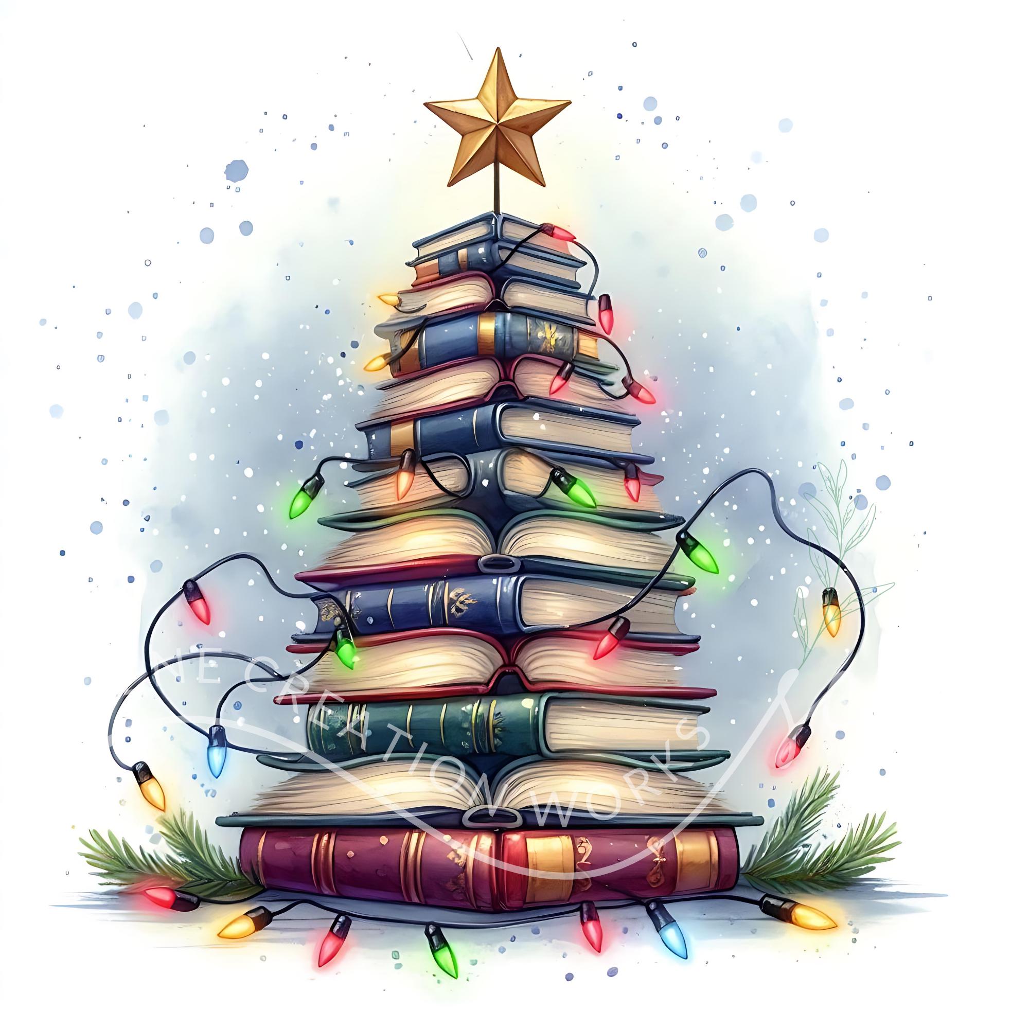 Christmas Book Tree Clipart 10 Watercolor Jpgs Christmas Gift for ...