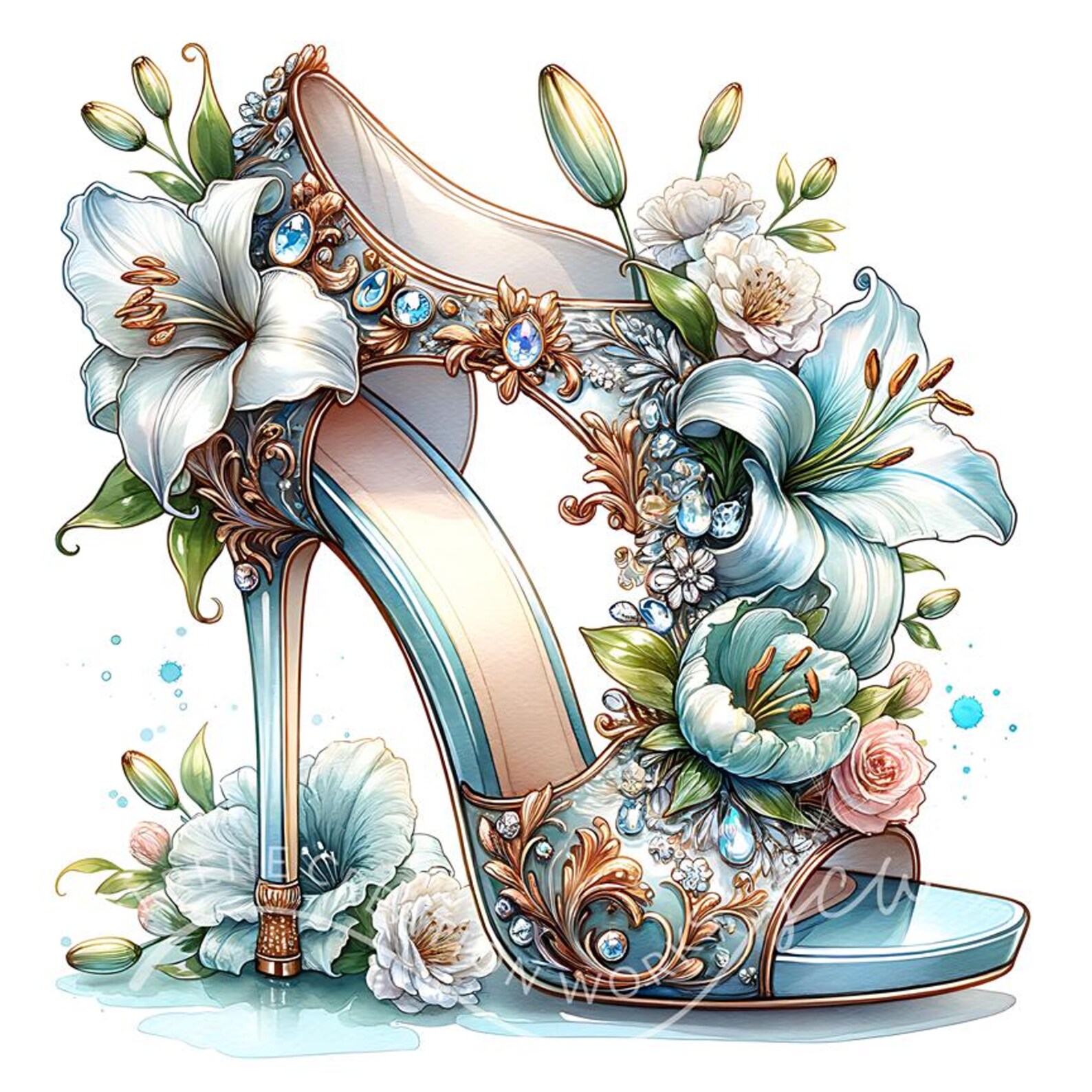 Blue Floral Prom Shoes Clipart 10 Watercolor JPG High Heel Clipart ...