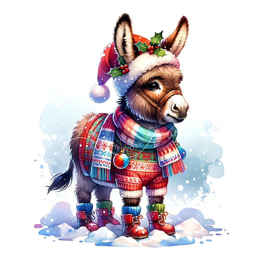 Christmas Donkeys 10 Watercolor Jpgs Clipart Bundle, Cute Donkey ...