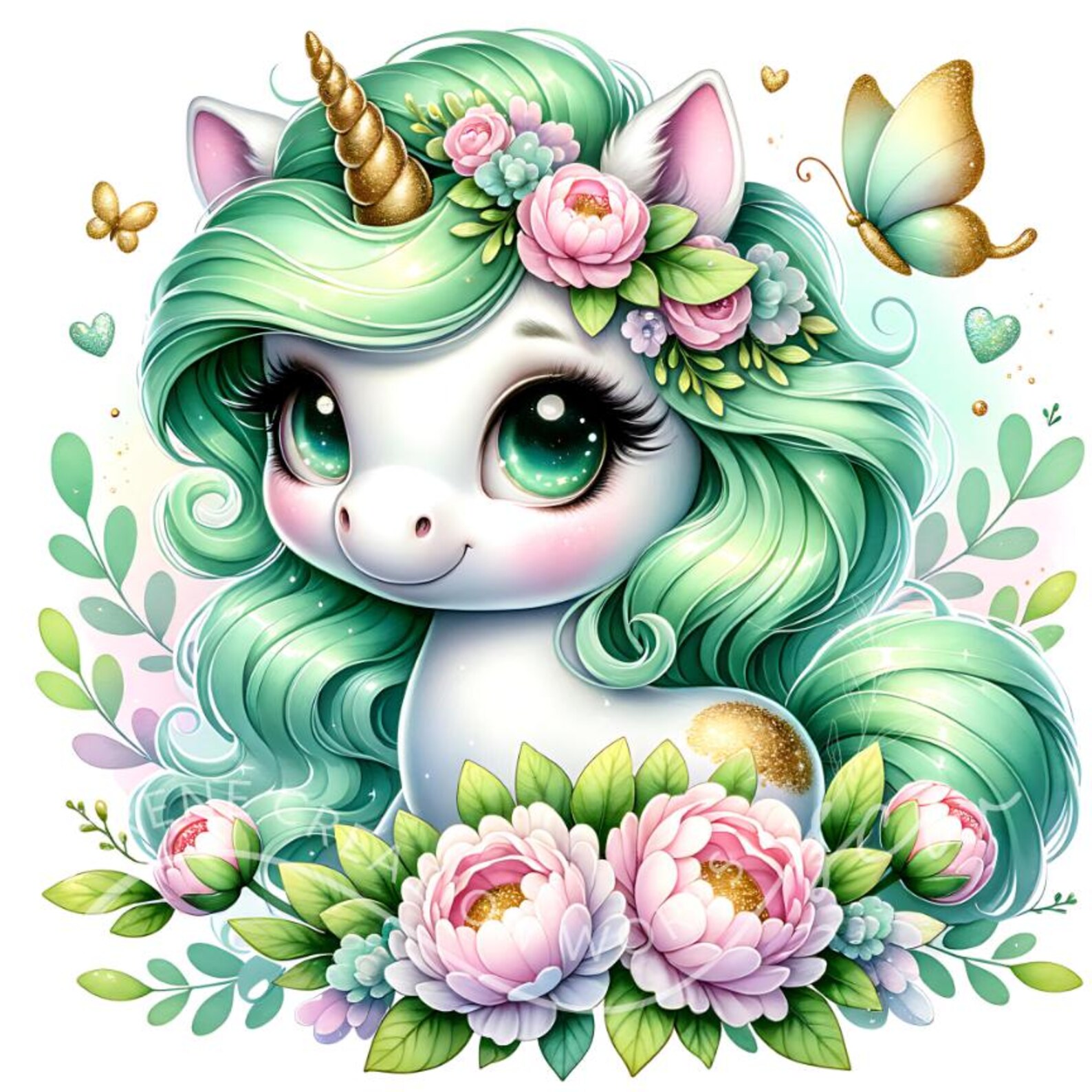 Green Peony Princess Unicorn Clipart 10 JPG Watercolor Flower Unicorns ...