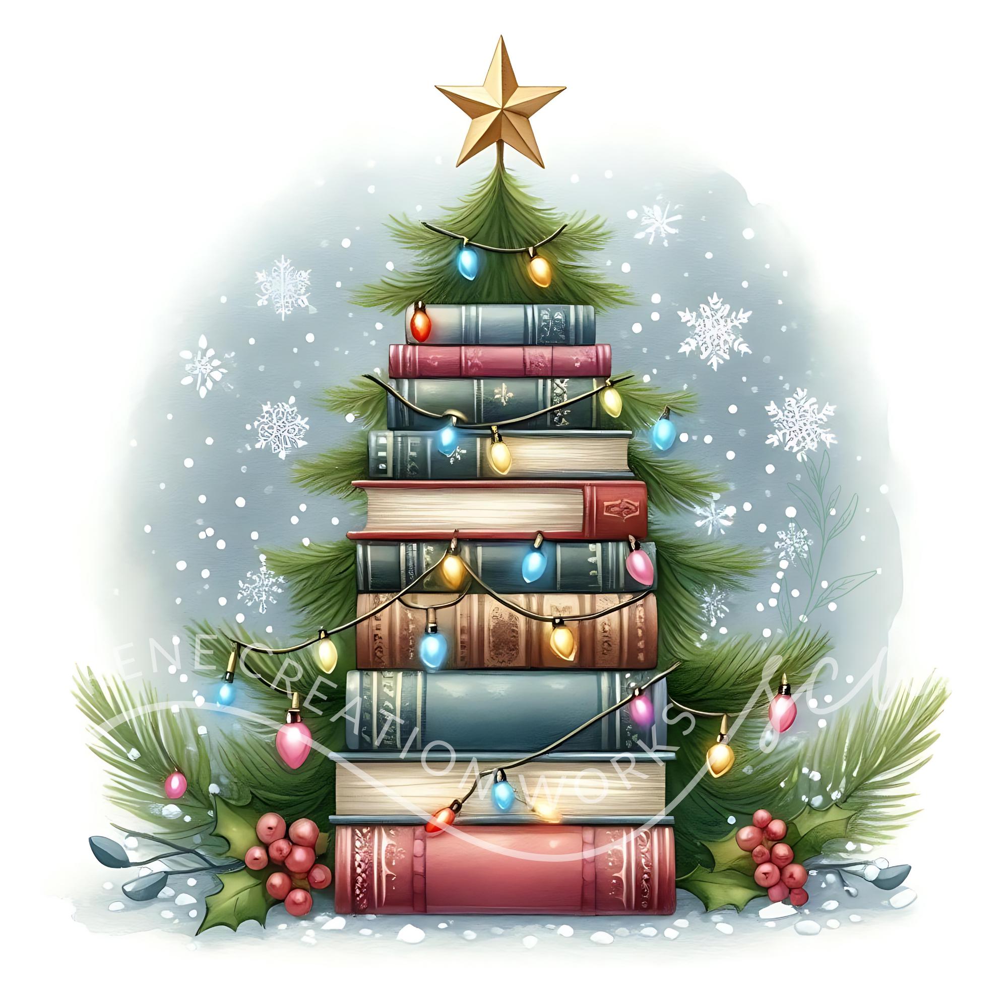 Christmas Book Tree Clipart 10 Watercolor Jpgs Christmas Gift for ...