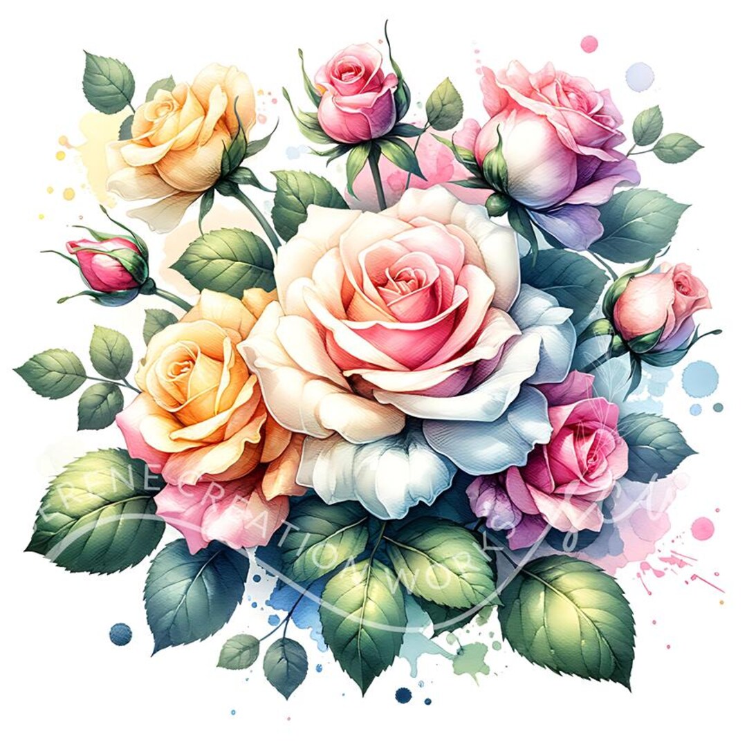 Pastel Roses Clipart 10 Watercolor JPG Roses Bouquet Clipart, Pastel ...