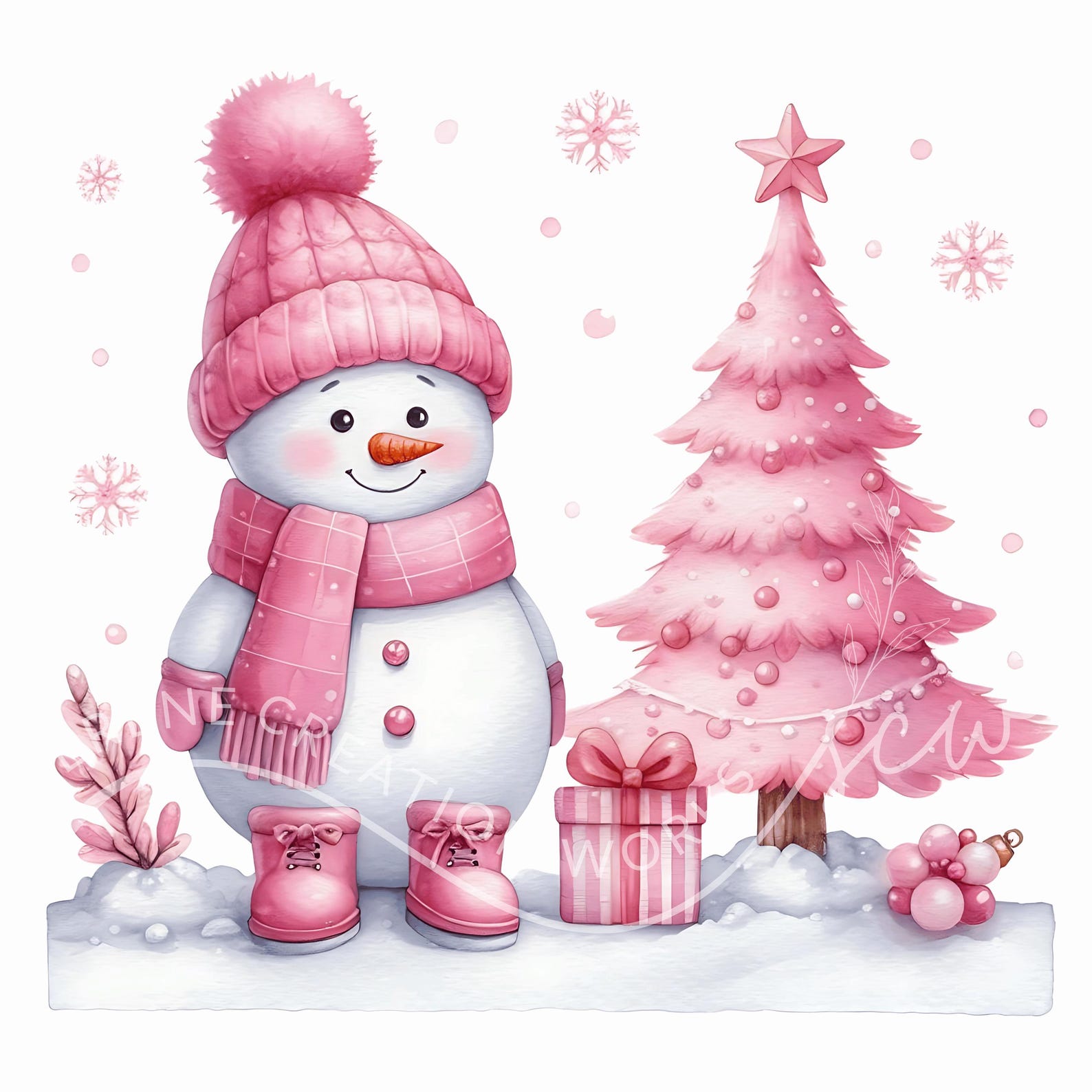 Watercolor Pink Christmas Snowman Clipart 10 Watercolor JPG Girly ...