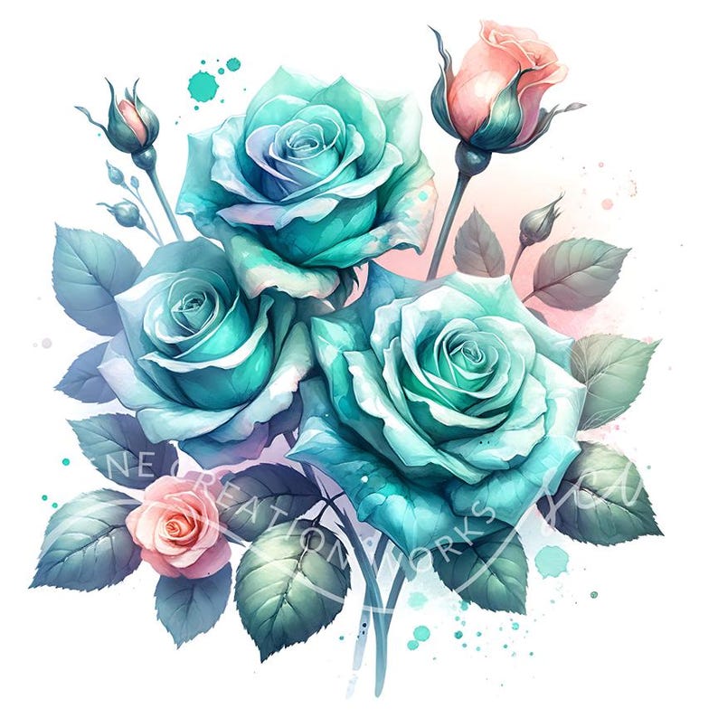 Teal Roses Clipart 10 Watercolor JPG Teal Roses Bouquet Clipart, Teal ...