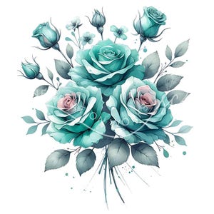 Teal Roses Clipart 10 Watercolor JPG Teal Roses Bouquet Clipart, Teal ...