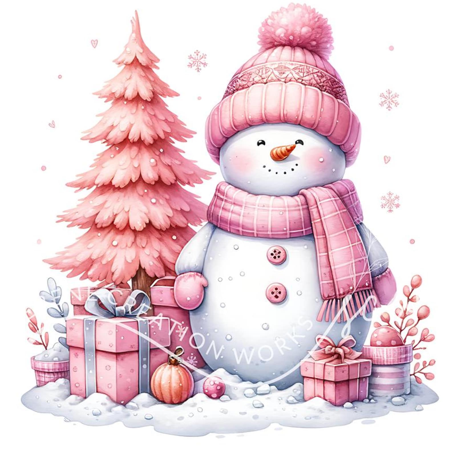 Watercolor Pink Christmas Snowman Clipart 10 Watercolor JPG Girly ...