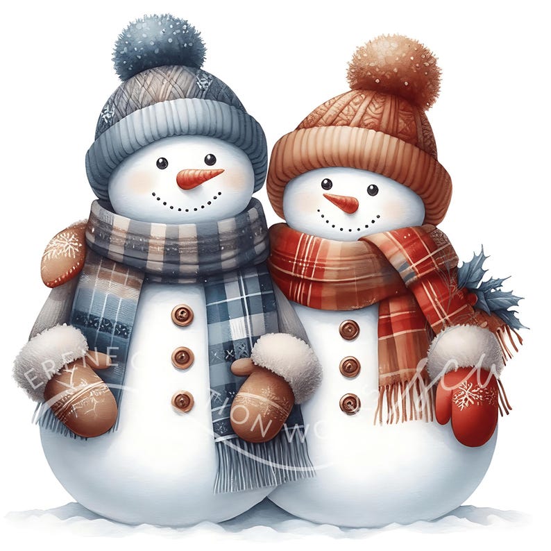 Watercolor Snowman Couple Clipart: Christmas Festive Graphics (digital ...