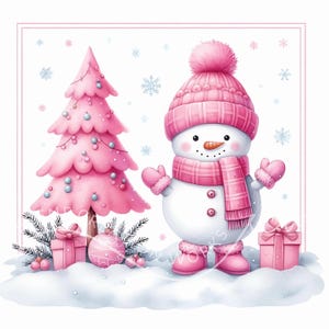 Watercolor Pink Christmas Snowman Clipart 10 Watercolor JPG Girly ...