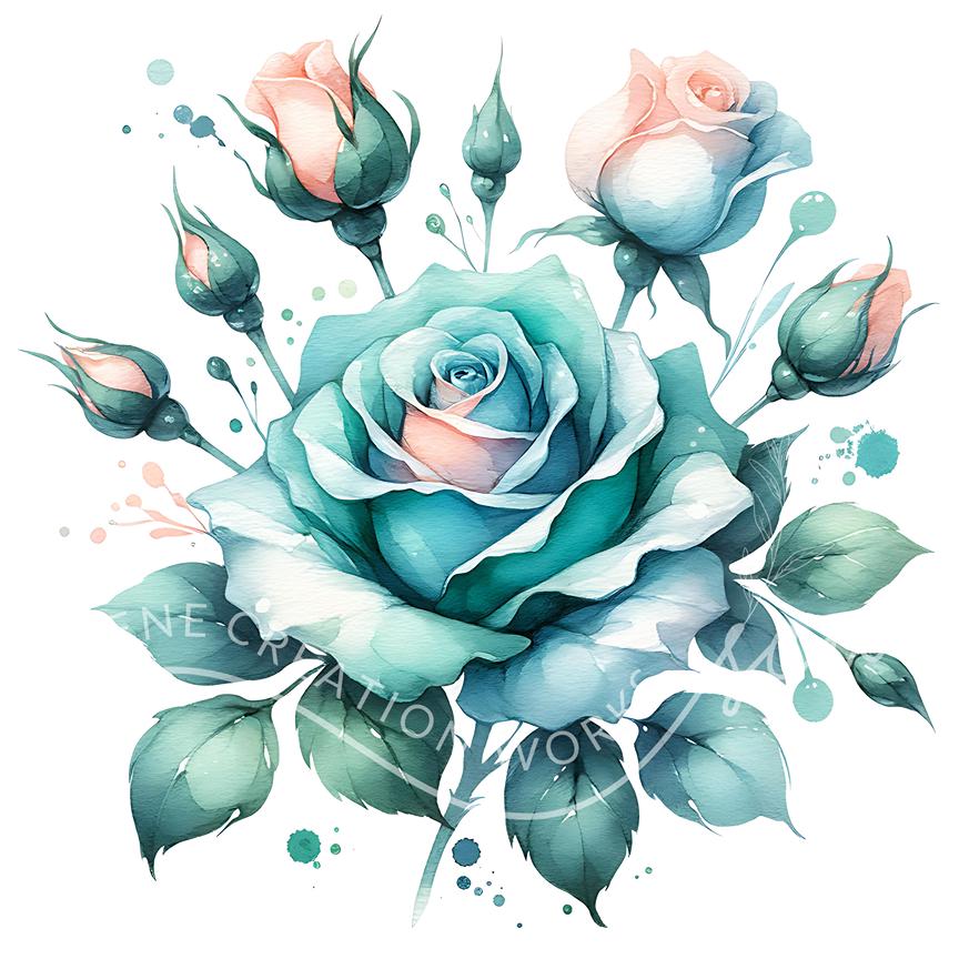 Teal Roses Clipart 10 Watercolor JPG Teal Roses Bouquet Clipart, Teal ...