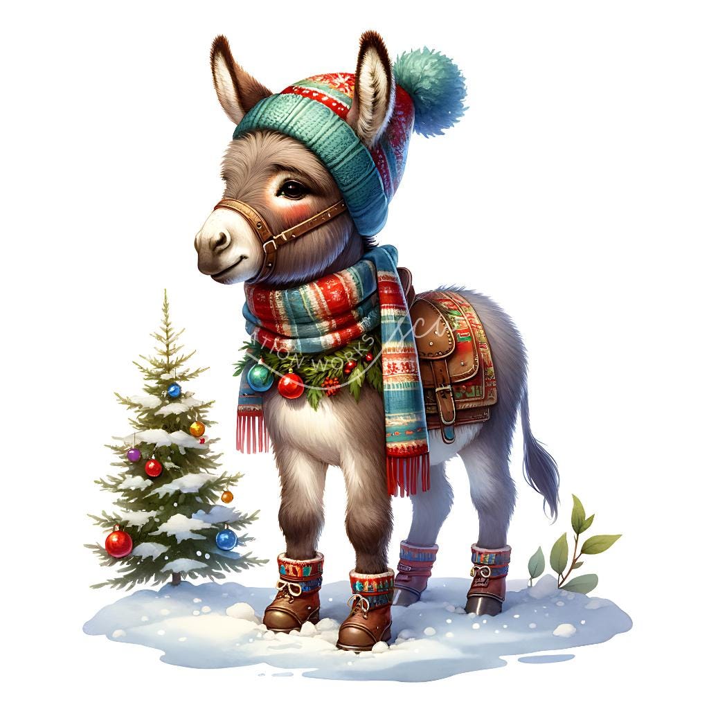 Christmas Donkeys 10 Watercolor Jpgs Clipart Bundle, Cute Donkey ...