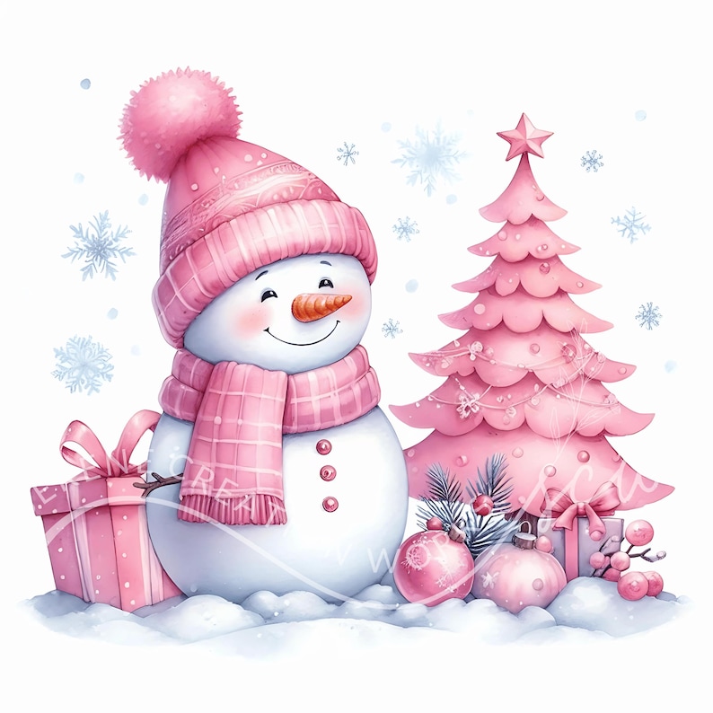 Watercolor Pink Christmas Snowman Clipart 10 Watercolor JPG Girly ...
