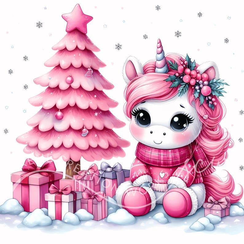 Adorable Unicorn Christmas Clipart 10 Watercolor JPG Girly Christmas ...