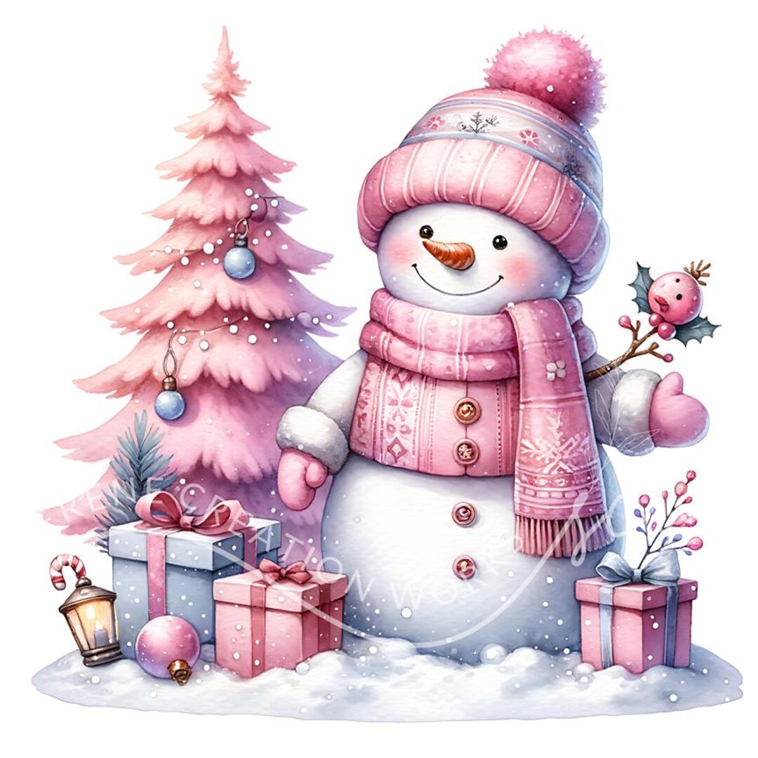 Watercolor Pink Christmas Snowman Clipart 10 Watercolor JPG Girly ...