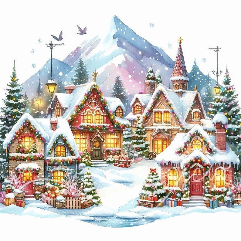 Christmas Village Clipart 10 Watercolor JPG Cozy Winter Town, Whimsical ...