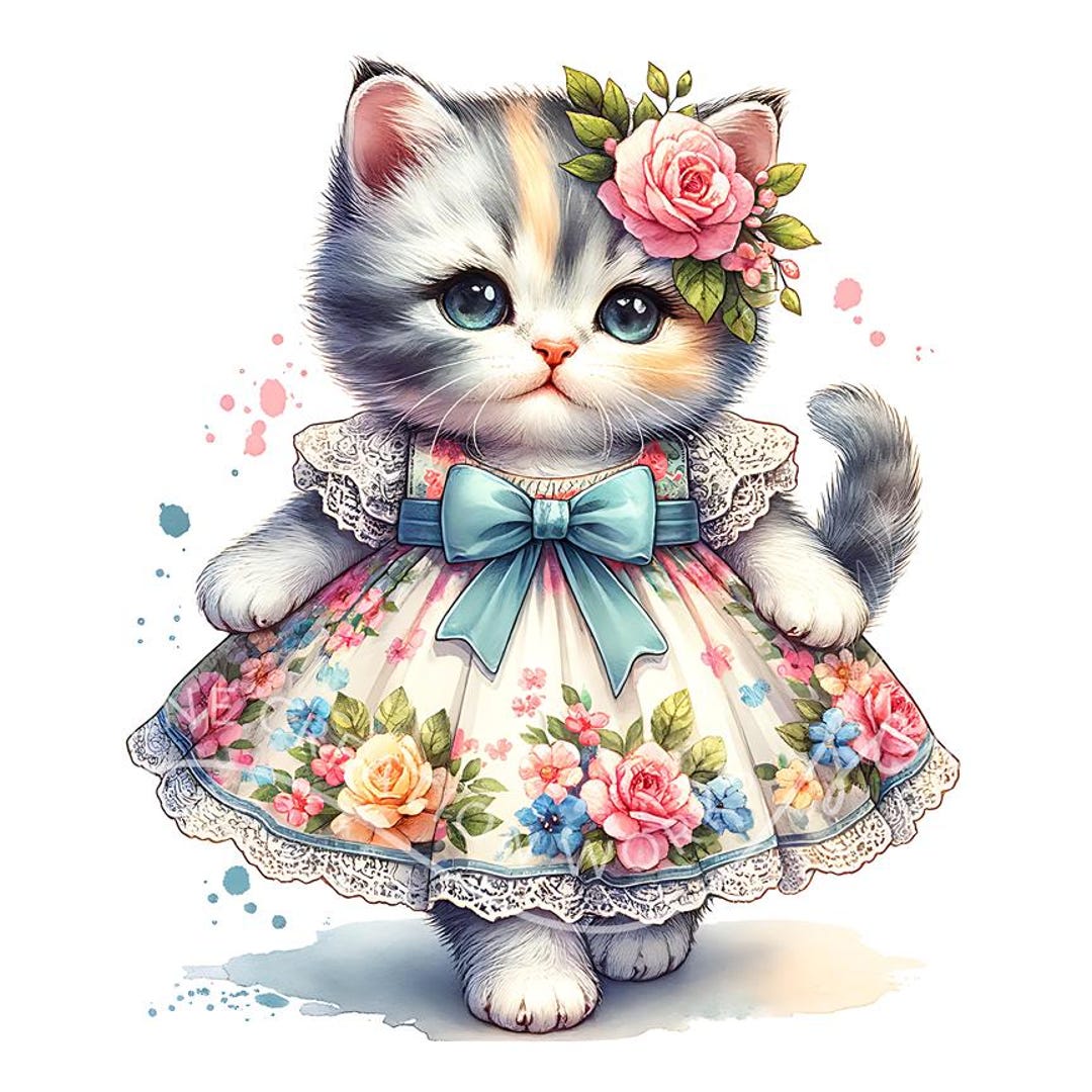 Pastel Kitten Clipart: Watercolor Floral Cat, Shabby Chic (digital ...