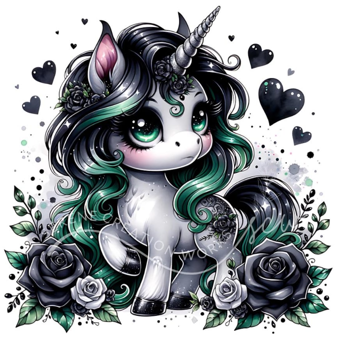 Green Gothic Unicorn Clipart 10 JPG Floral Unicorns, Watercolor Baby Unicorn Printables Art ...