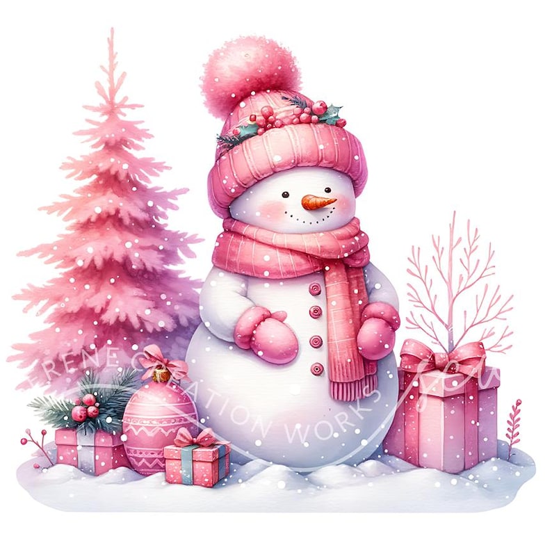 Watercolor Pink Christmas Snowman Clipart 10 Watercolor JPG Girly ...