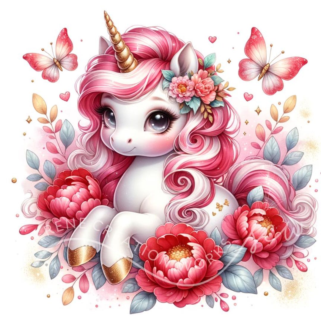 Red Peony Princess Unicorn Clipart: Watercolor Floral Fantasy (JPG ...