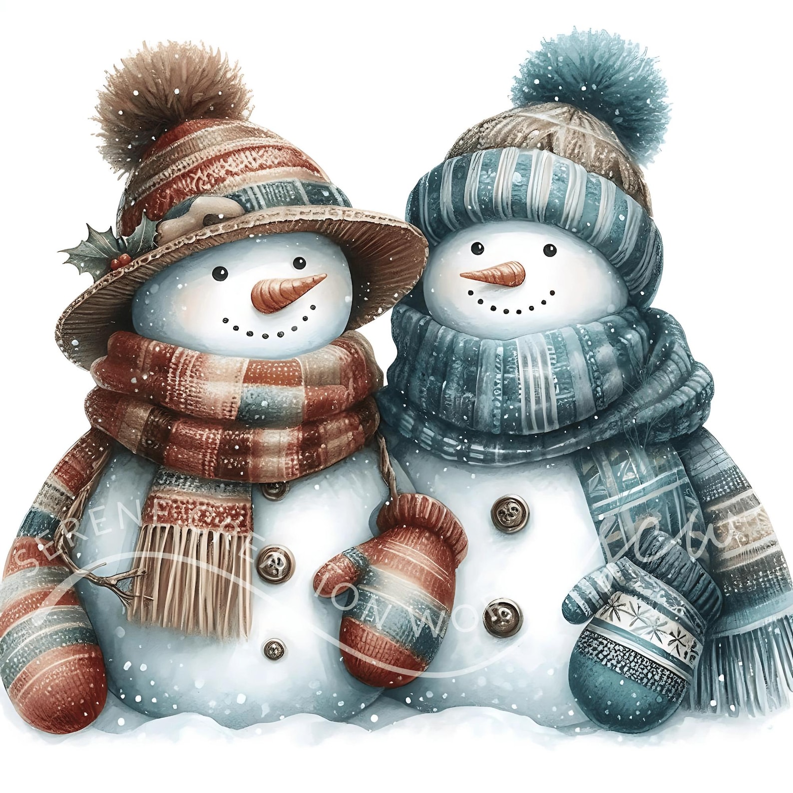 Watercolor Snowman Couple Clipart: Christmas Festive Graphics (digital ...
