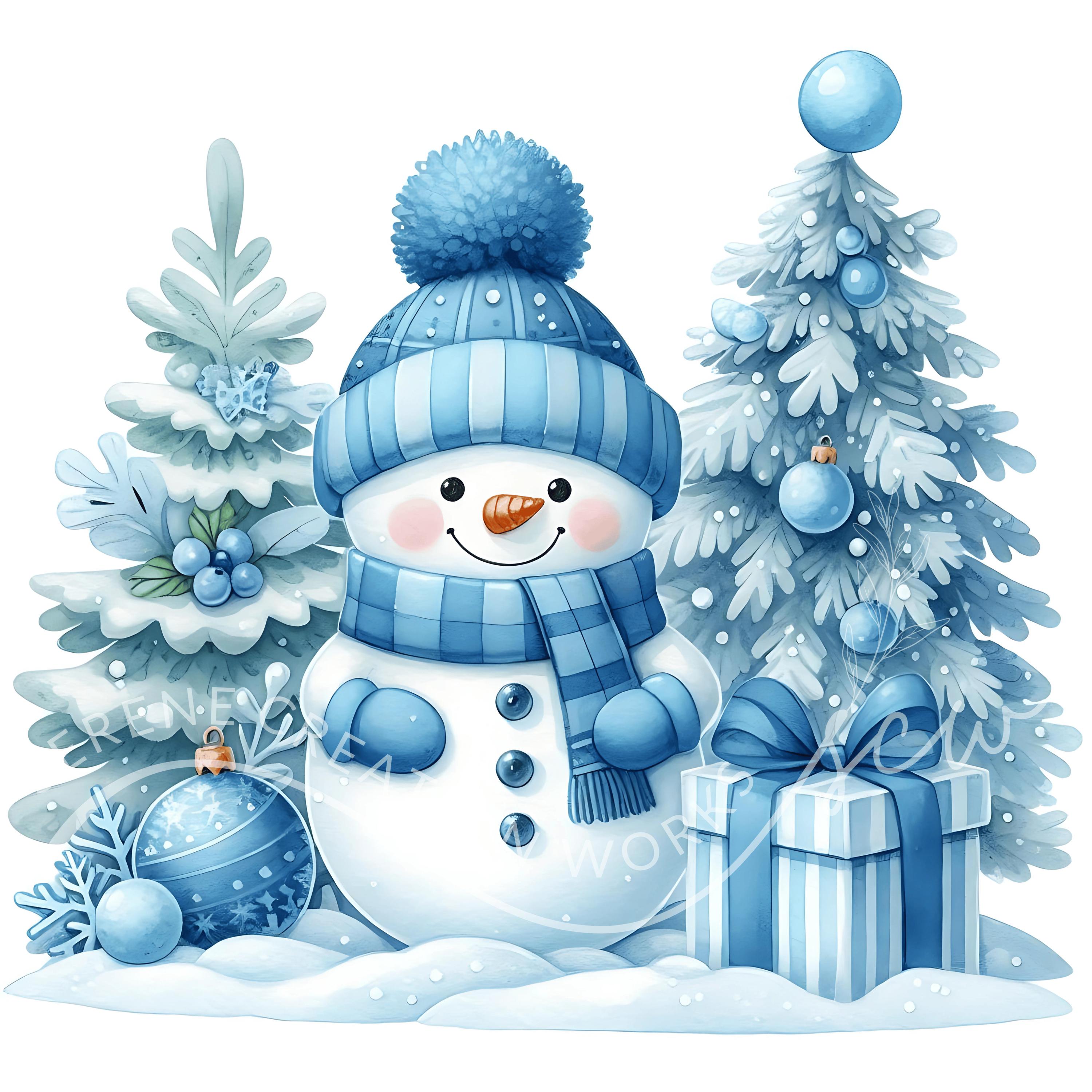 Watercolor Christmas Blue Snowman Clipart 10 Watercolor JPG Christmas Graphics,festive Snowman ...
