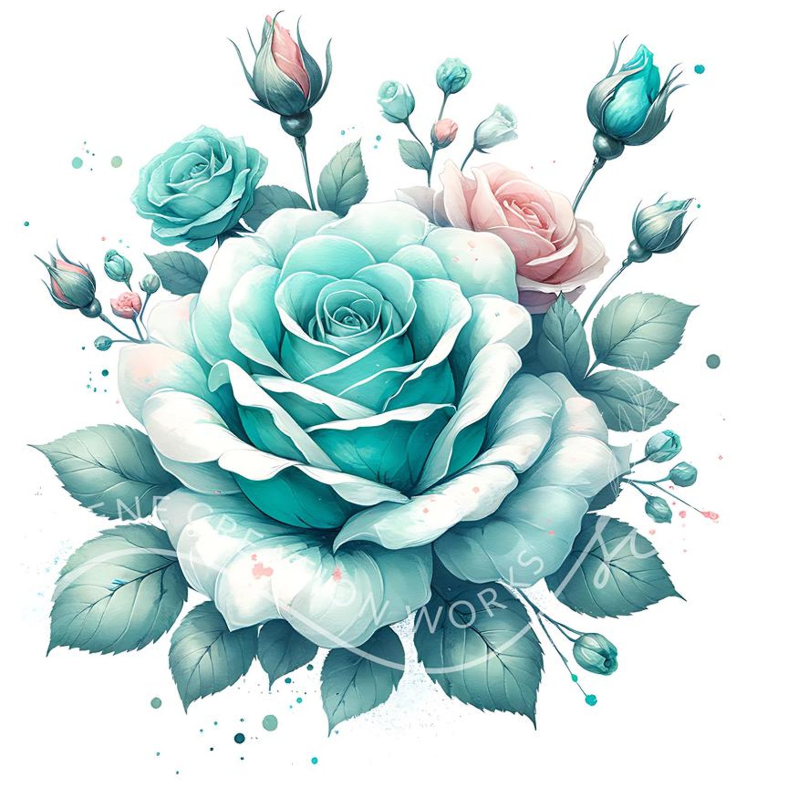Teal Roses Clipart 10 Watercolor JPG Teal Roses Bouquet Clipart, Teal ...