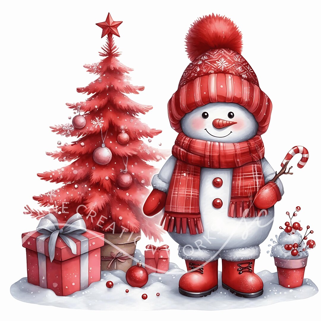 Watercolor Christmas Red Snowman Clipart 10 Watercolor JPG Christmas ...