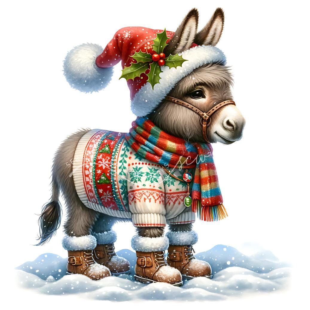 Christmas Donkeys 10 Watercolor Jpgs Clipart Bundle, Cute Donkey ...