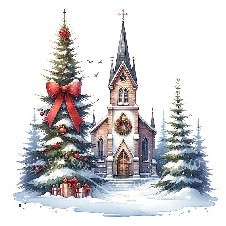 Christmas Church Clipart 10 Watercolor JPG Church Christmas Tree Winter ...