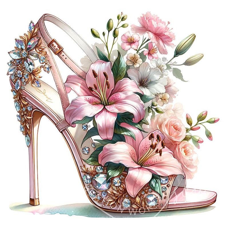 Pink Floral Prom Shoes Clipart 10 Watercolor JPG High Heel Clipart ...