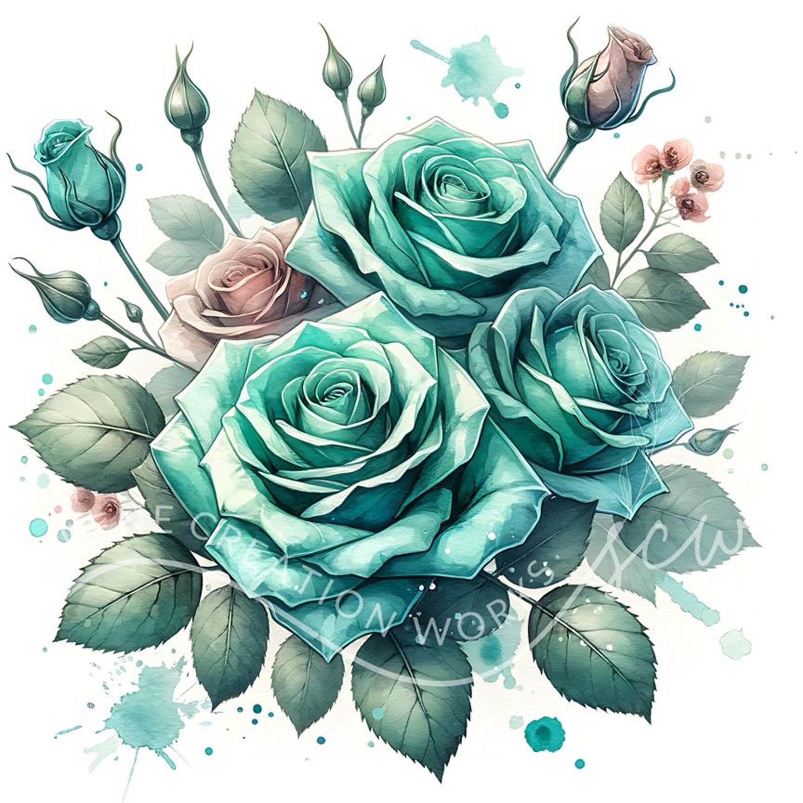 Teal Roses Clipart 10 Watercolor JPG Teal Roses Bouquet Clipart, Teal ...