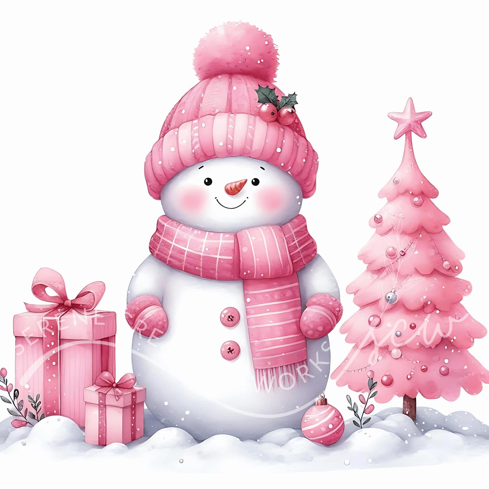 Watercolor Pink Christmas Snowman Clipart 10 Watercolor JPG Girly ...