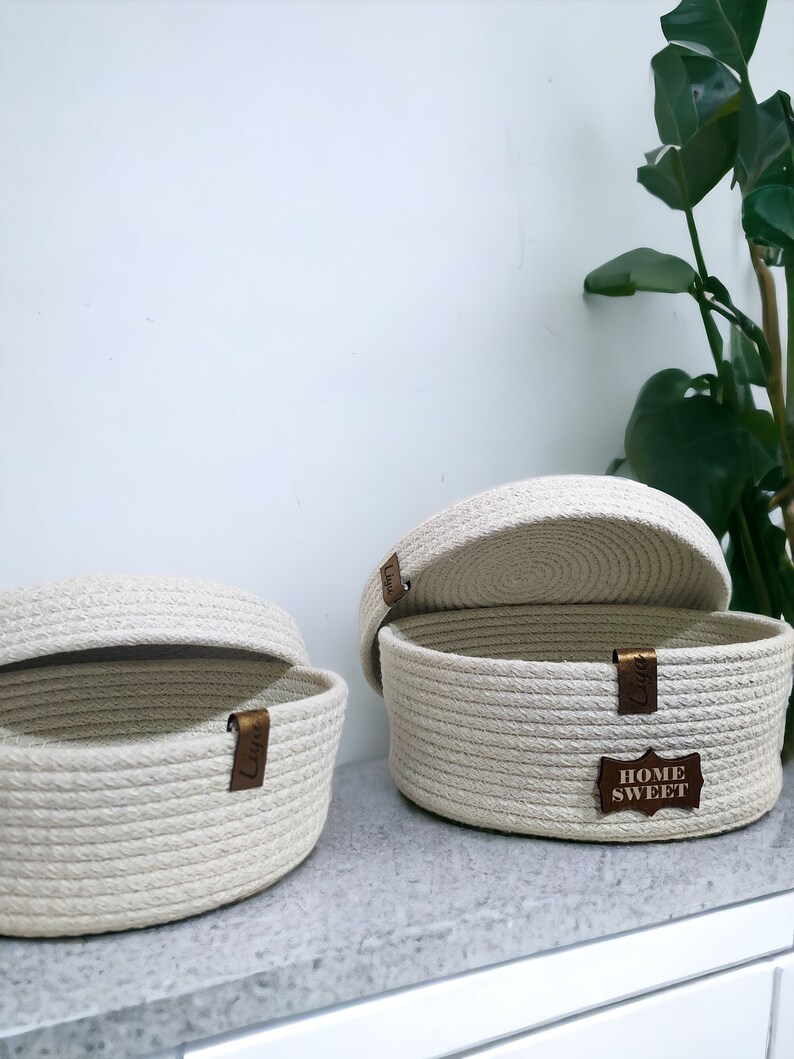 Handmade Set of 2 Cotton Rope Baskets With Lids Sustainable Home Decor ...