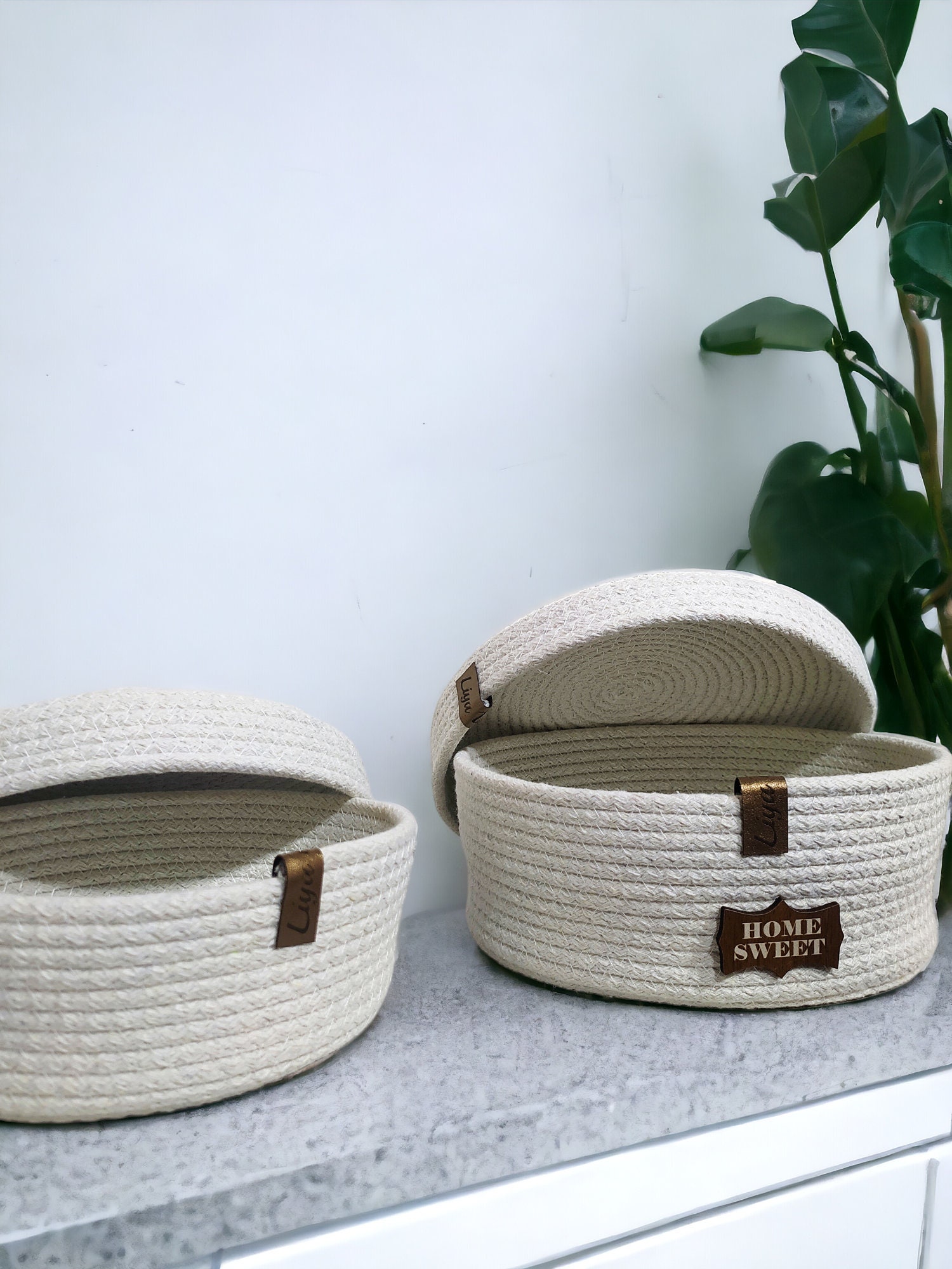 Handmade Set of 2 Cotton Rope Baskets With Lids Sustainable Home Decor ...