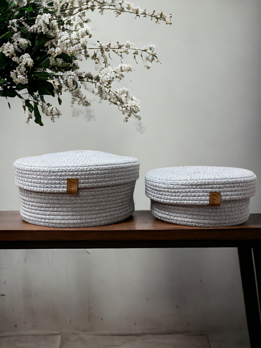 Handmade Set of 2 Cotton Rope Baskets With Lids Sustainable Home Decor ...
