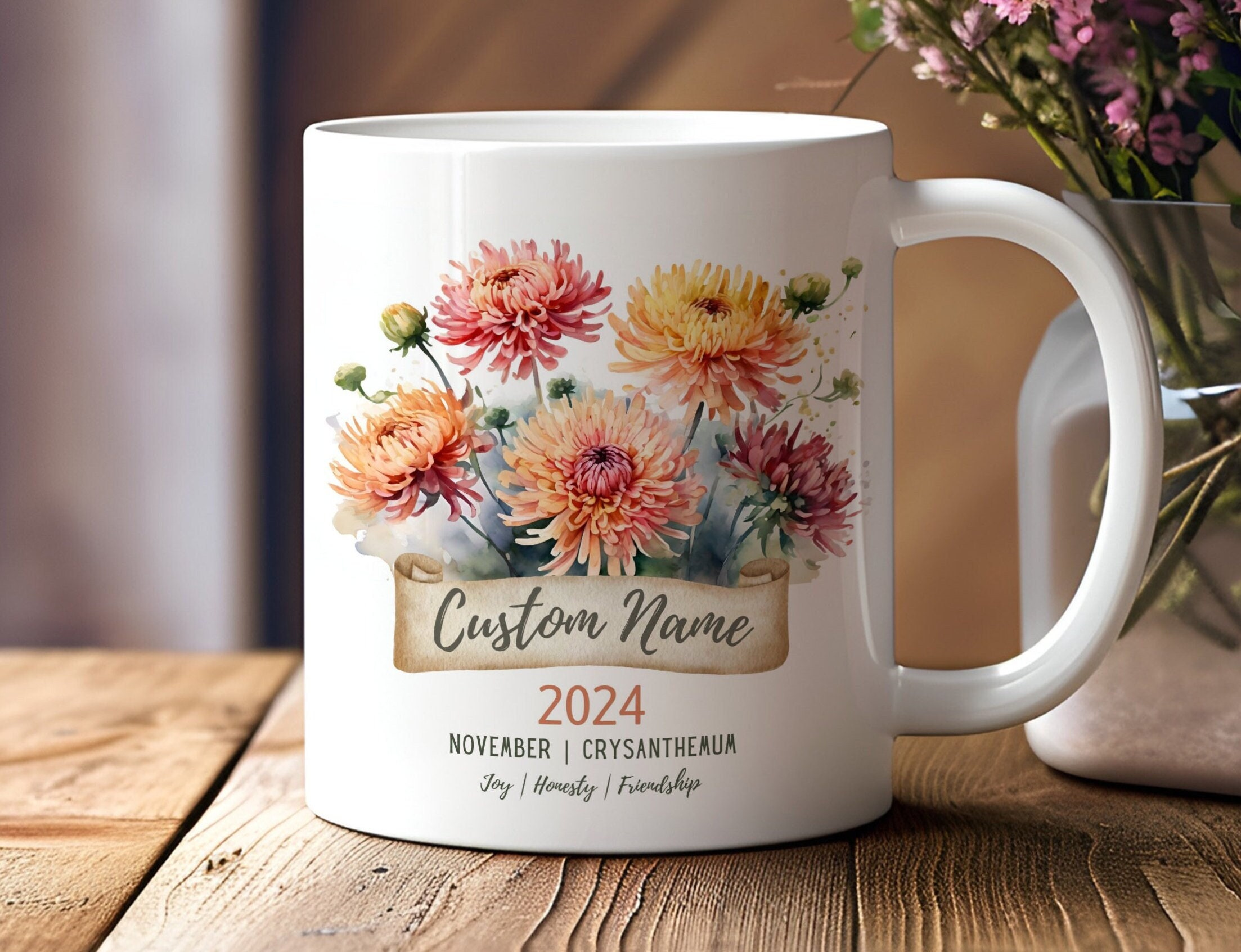 November Custom Birth Flower, Personalized Birthday Mug, Watercolor ...