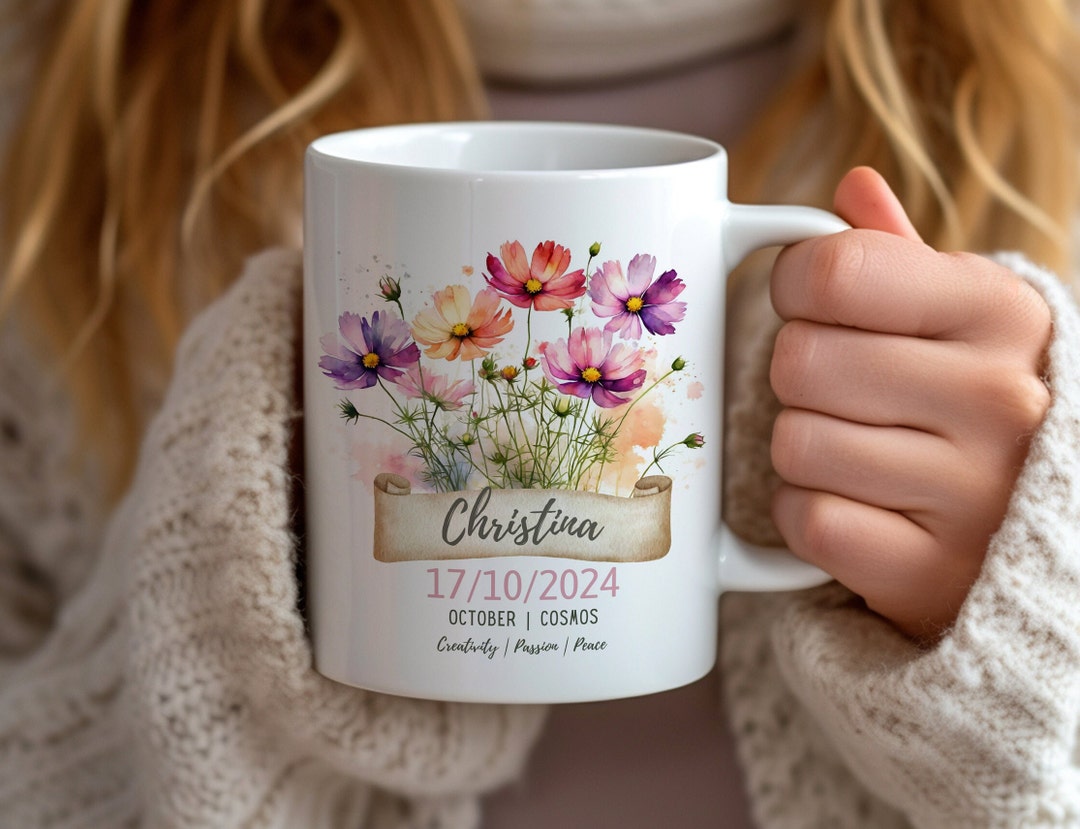 October Custom Birth Flower Mug, Personalized Birthday Mug, Watercolor ...