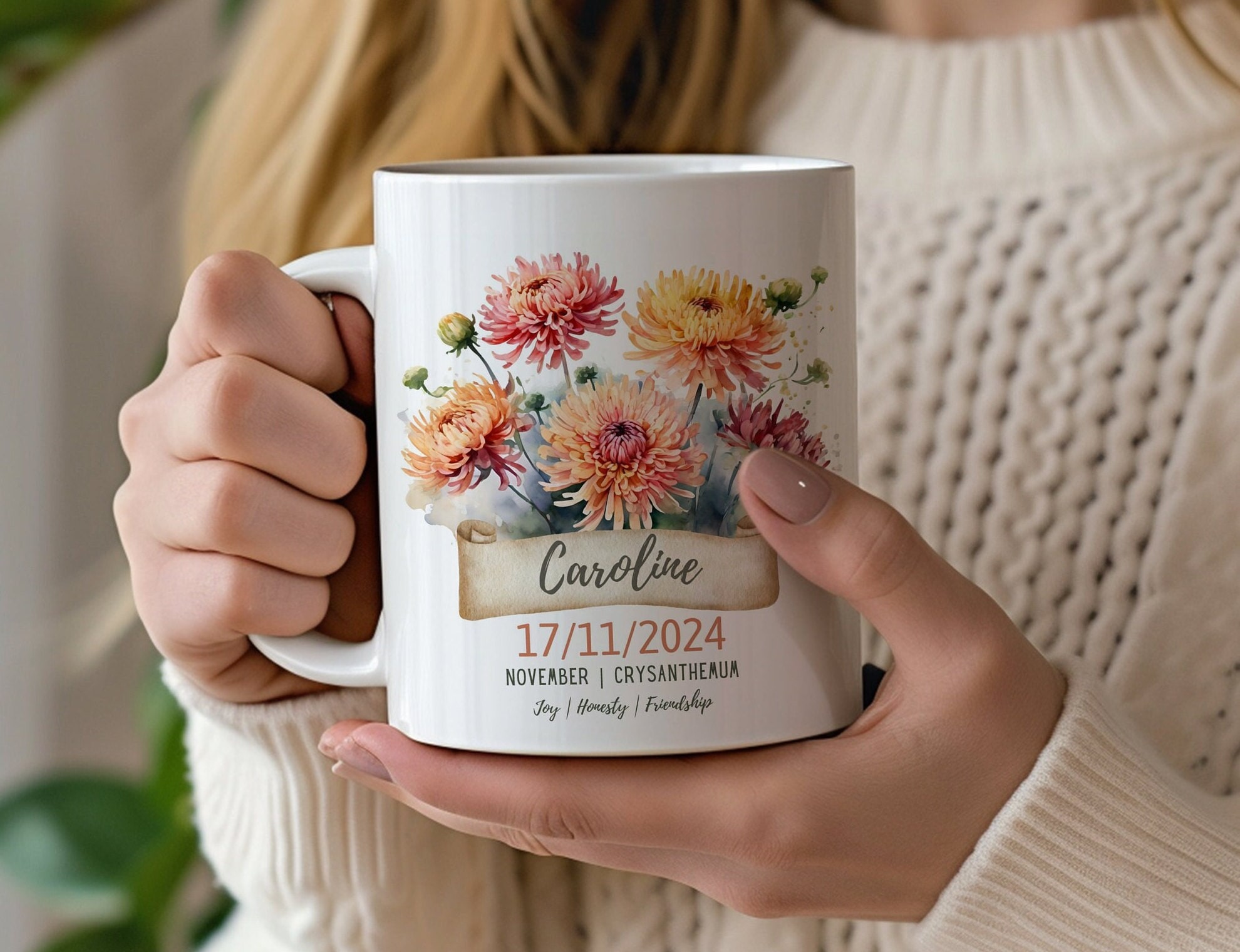 November Custom Birth Flower, Personalized Birthday Mug, Watercolor ...