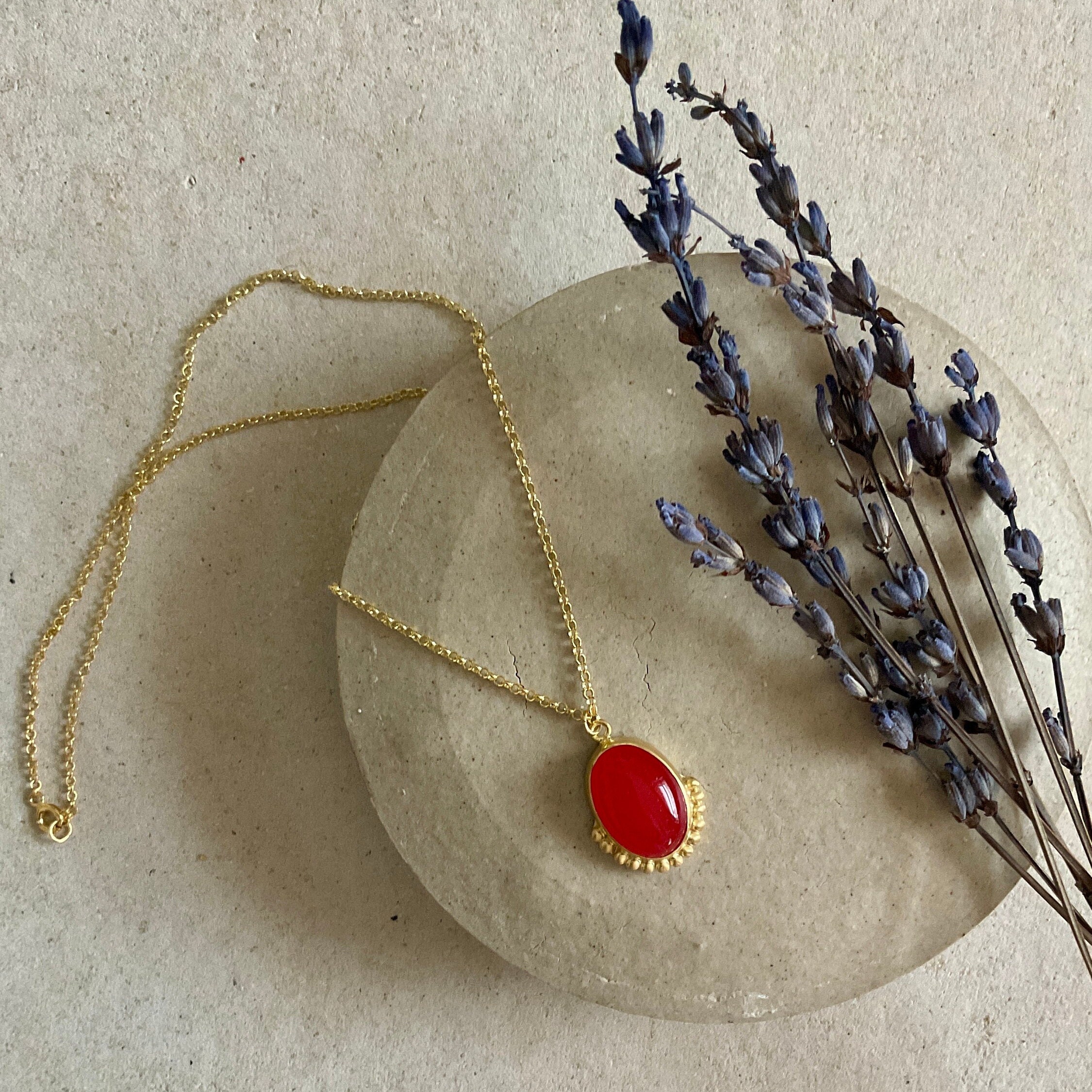 18k Gold Red Agate Necklace, Sterling Silver Natural Stone Pendant ...
