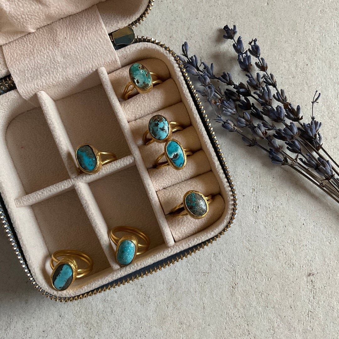 Adjustable Gold Turquoise Natural Stone Ring, Chunky Turquoise Ring ...
