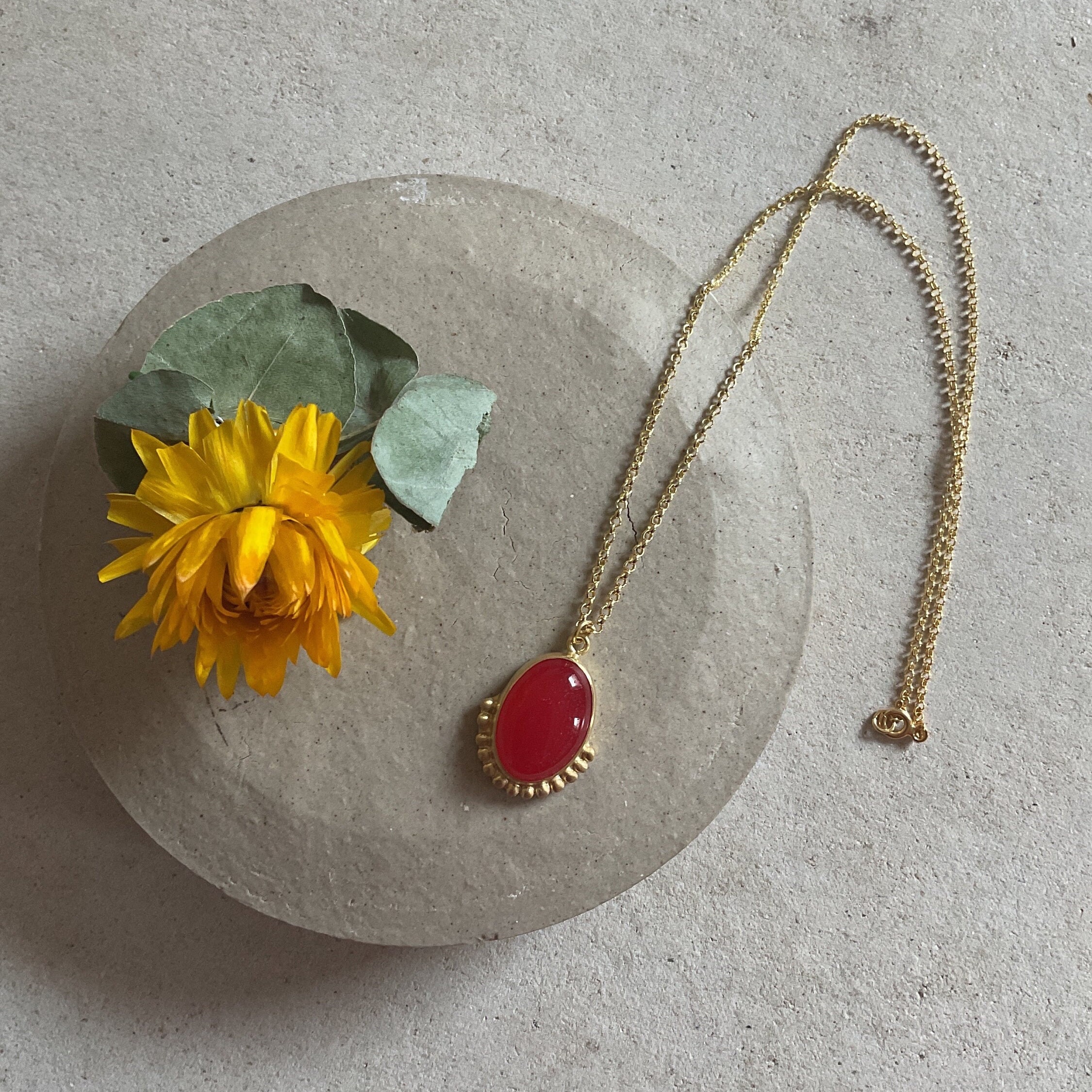 18k Gold Red Agate Necklace, Sterling Silver Natural Stone Pendant ...