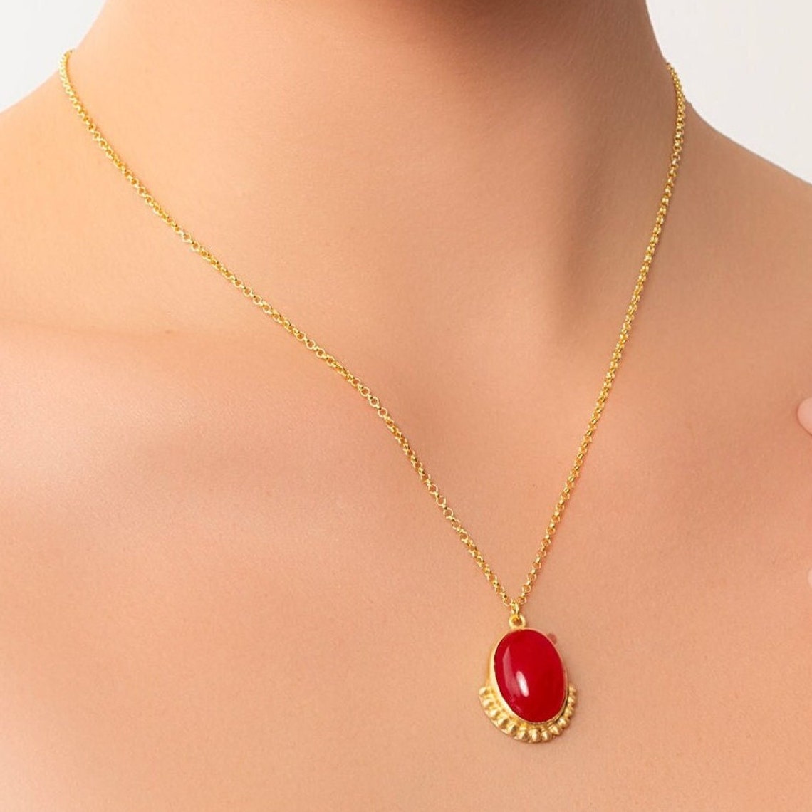 18k Gold Red Agate Necklace, Sterling Silver Natural Stone Pendant ...
