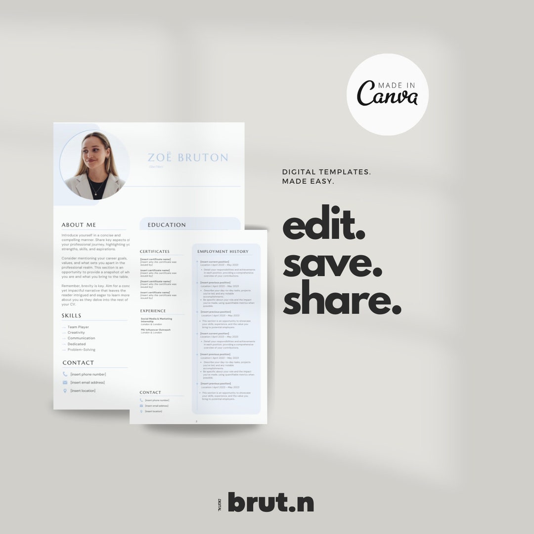 Cv Template Resume Template Canva Cv Resume Layout 2024 Cv Resume With ...