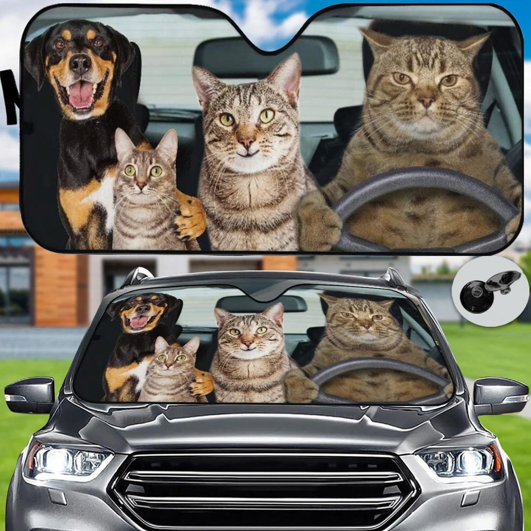 Funny Cat Dog Meme Driving Car Sunshade, Cats Car Accessories Car ...
