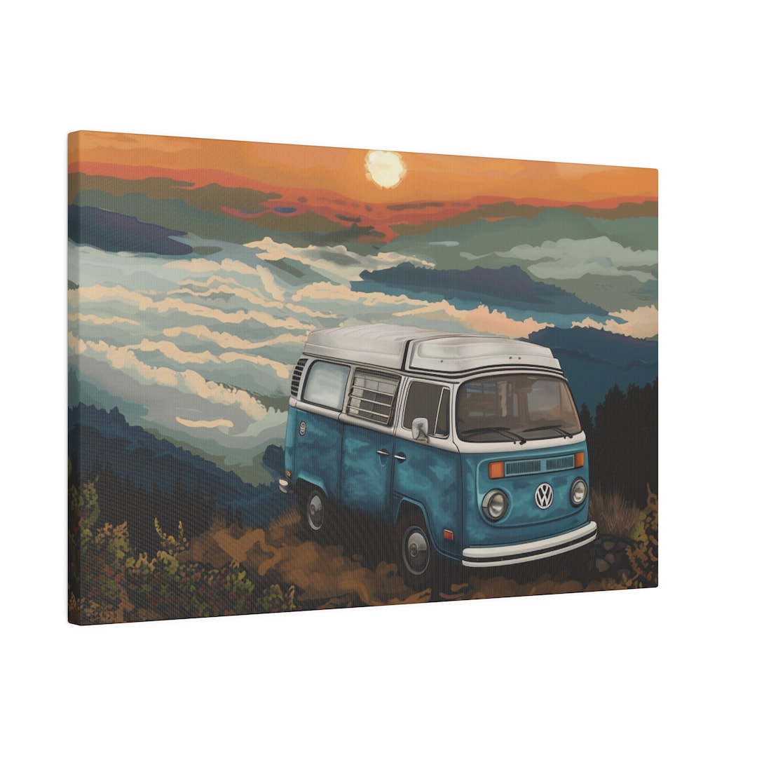Vintage Blue VW Van Canvas Print Sunset Mountain Adventure Wall Art ...