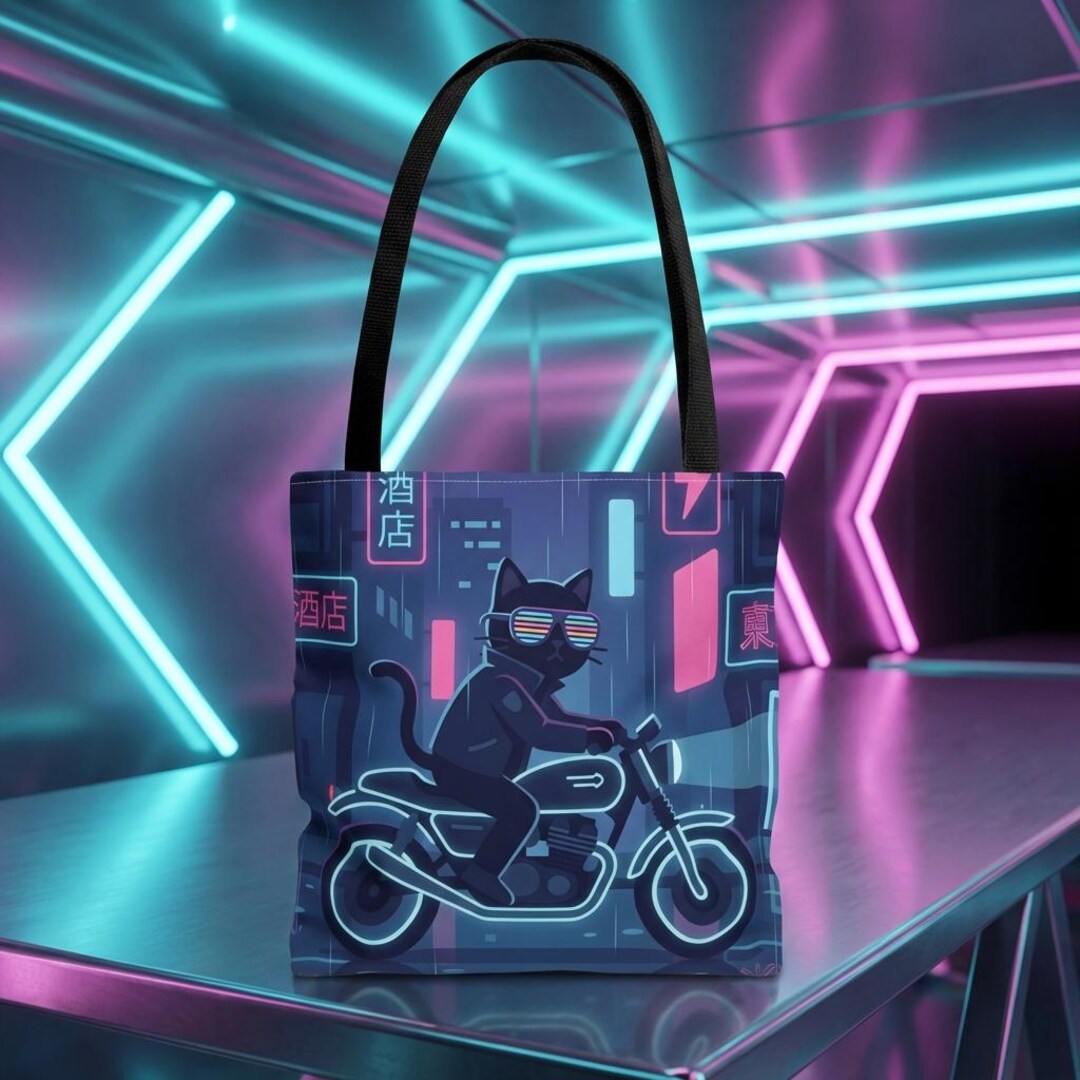 Neon Cat Motorcycle Tote Bag, Cyberpunk Art Shopper, Cat Lover Gift - Etsy