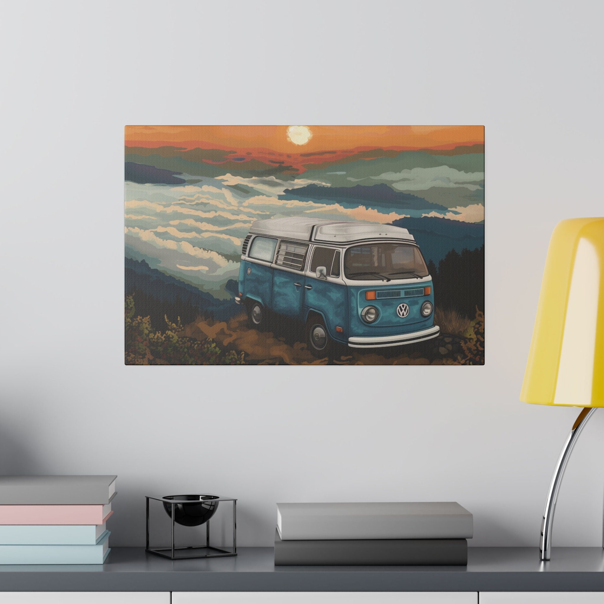 Vintage Blue VW Van Canvas Print Sunset Mountain Adventure Wall Art ...