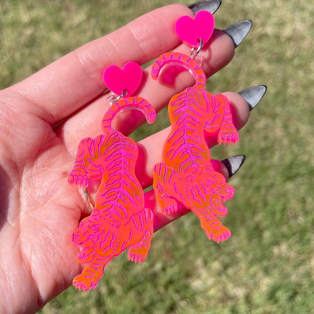 Neon Pink Tiger Earrings - Etsy