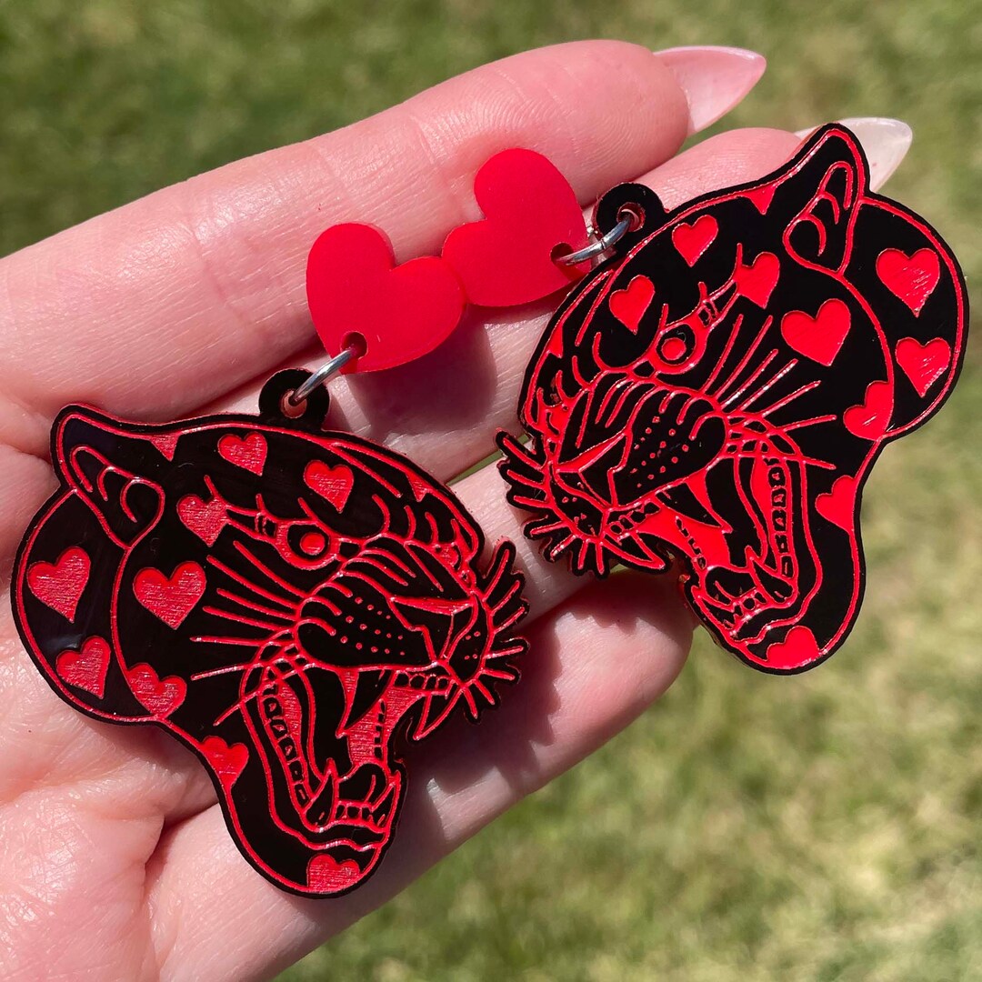 Red and Black Heart Panther Head Earrings - Etsy
