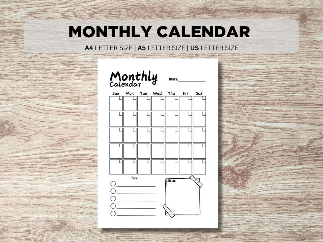 Monthly Calendar Printable, 12 Month Planner, Journal Page, Month at a ...