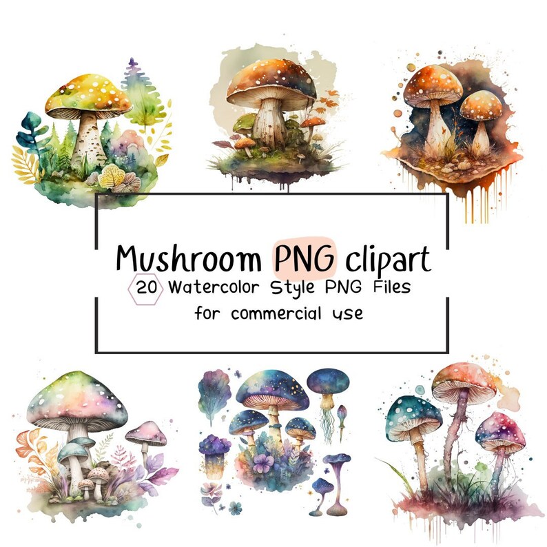 Mushroom Watercolour Clipart - Bundle Set of 20 Watercolour Mushrooms ...